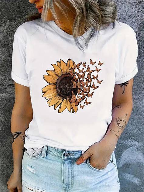 Sunflower Butterflies Print T Shirt Short Sleeve Crew Neck Temu Australia