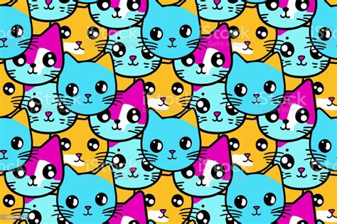 猫の顔を持つ猫のベクター画像パターン子供向けのシームレスな印刷イラスト イラストレーションのベクターアート素材や画像を多数ご用意