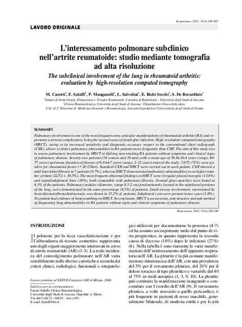 Pdf The Subclinical Involvement Of The Lung In Rheumatoid Arthritis Evaluation By High