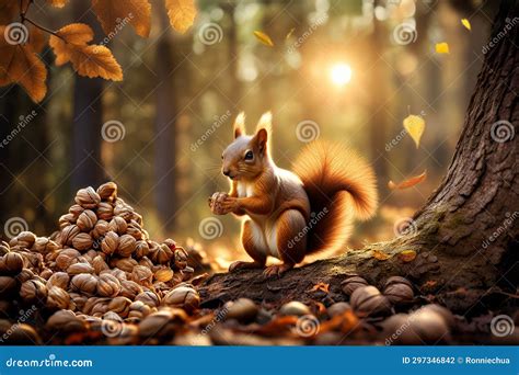 Cute Squirrel Harvesting A Cornucopia Of Walnuts In The Autumn Forest