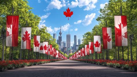 Canada S Independence Day Celebration With Maple Leaf Flags And City