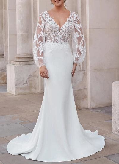Trumpet Mermaid V Neck Long Sleeves Elegant Lace Elastic Satin Wedding
