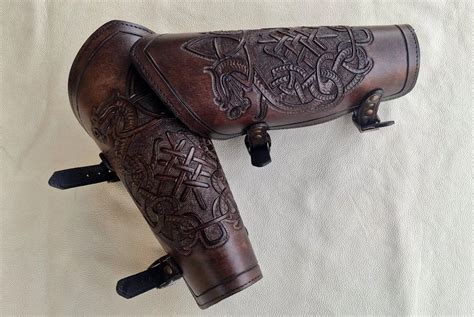 Tooled Hand Carving Celtic Dragon Viking Leather Arm Bracer For Larp