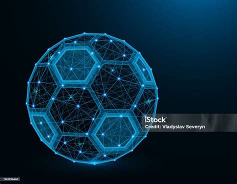 축구 공 낮은 폴리 모델 스포츠 게임 추상 그래픽 어두운 파란색 배경에 축구 다각형 와이어 프레임 벡터 일러스트 레이션 추상적인에 대한 스톡 벡터 아트 및 기타 이미지