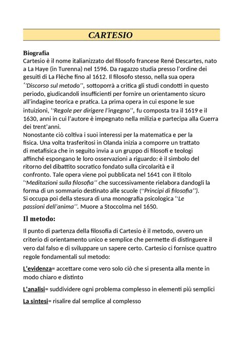 Appunti Di Scuola Superiore Su Cartesio Docsity
