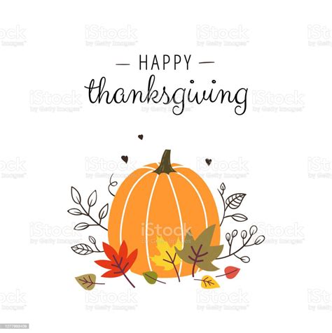행복한 추수 감사절 흰색 배경에 오렌지 호박과 단풍을 가진 인사말 카드 벡터 일러스트레이션 10월에 대한 스톡 벡터 아트 및 기타 이미지 Istock