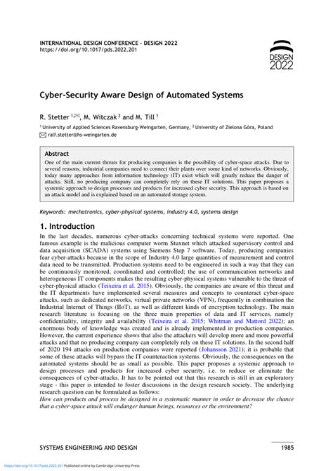 Pdf Cyber Security Aware Design Of Automated Systems