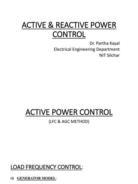 Active And Reactive Power Control Dr Partha Kayal Electrical