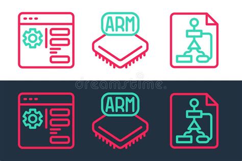 set line flowchart browser setting and processor icon vector stock