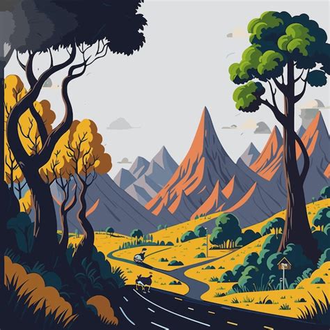 꽃과 산의 풍경 마을 시골 초원 필드의 자연 귀여운 그림 프리미엄 Ai 생성 벡터