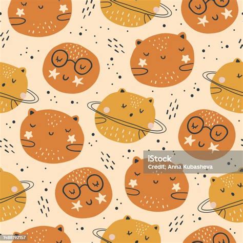 파란색 배경에 스칸디나비아 스타일의 귀여운 행성과 달을 가진 아이들을 위한 벡터 손으로 그린 색상 매끄럽고 유치한 간단한 패턴 0명에 대한 스톡 벡터 아트 및 기타 이미지