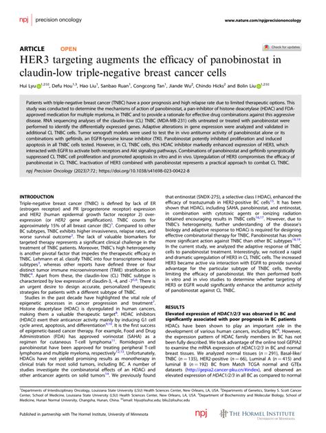 Pdf Her3 Targeting Augments The Efficacy Of Panobinostat In Claudin