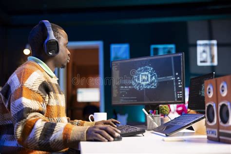 African American Worker At Desk Using Personal Computer For Programming Stock Image Image Of