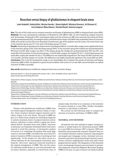 Pdf Resection Versus Biopsy Of Glioblastomas In Eloquent Brain Areas