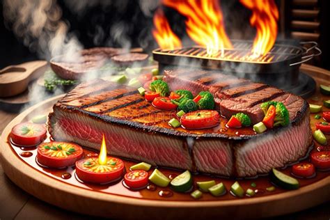 Grilled Beef Steak With Vegetable On The Flaming Grill By Ai Generated