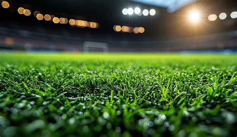 Lush Green Grass On A Soccer Field Illuminated By Stadium Lights During