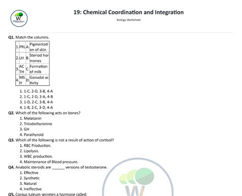Chemical Coordination And Integration Class 11 Worksheet