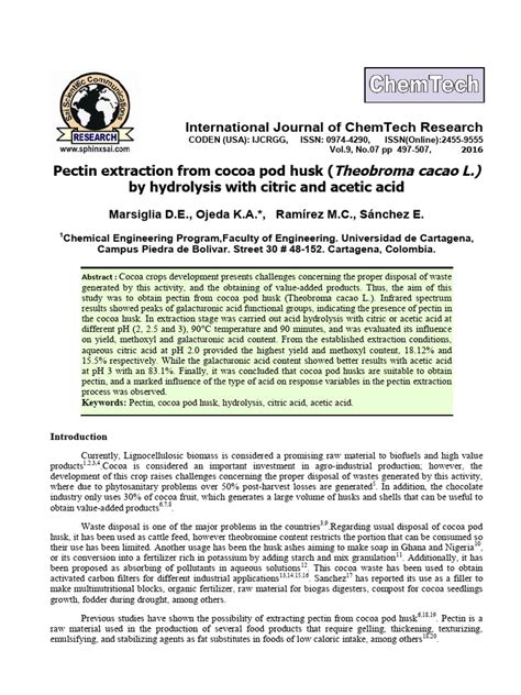 Pectin Extraction From Cocoa Pod Husk Theobroma Cacao L Pdf