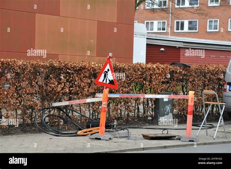 Copenhagen Denmark 02 March 2022 Footpath Work Process And Working Auto Wirh Foreign Number