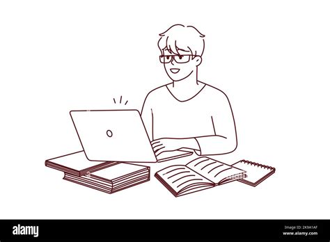 Smart Young Man Sit On Table Work On Laptop With Textbooks Smiling
