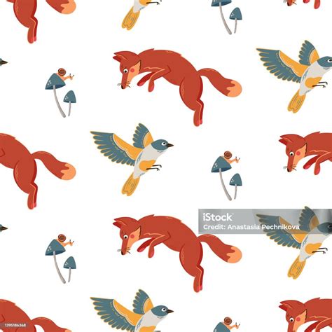 원활한 귀여운 여우와 새 벡터 패턴 여우와 새의 배경 삽화와 함께 손으로 그린 낙서 예술 개체 그룹에 대한 스톡 벡터 아트 및 기타 이미지 개체 그룹 겨울 귀여운