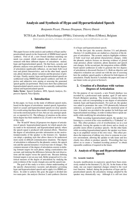 Pdf Analysis And Synthesis Of Hypo And Hyperarticulated Speech