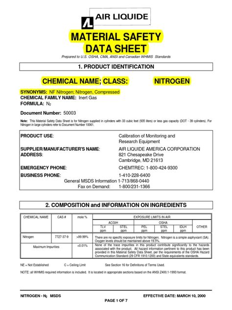 Nitrogen Msds Pdf Dangerous Goods Oxygen