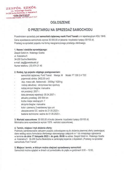 Ogłoszenie o przetargu na sprzedaż samochodu Zespół Szkół im