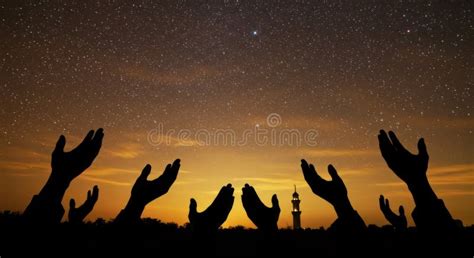 Night Sky Silhouette Of Praying Hands Under Starlit Heavens Stock
