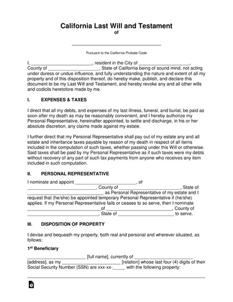 Free California Last Will And Testament Template Pdf Word Eforms