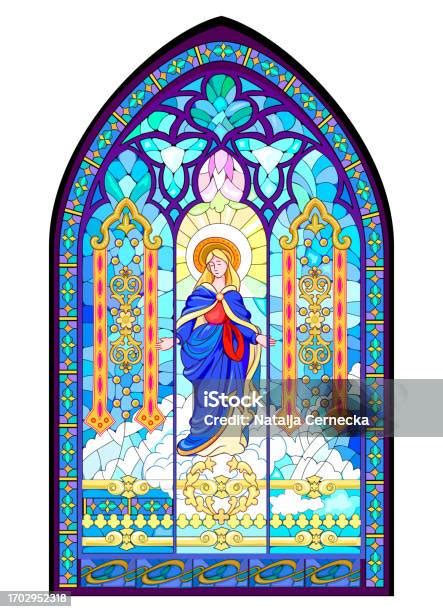 아름 다운 화려한 중세 스테인드 글라스 창문입니다 고딕 양식의 건축 양식 처녀의 삽화 프랑스 교회의 건축 서유럽의 중세 시대 벡터 그리기 스테인드글라스에 대한 스톡 벡터