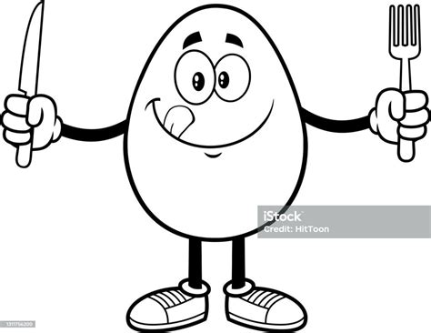 그의 입술을 핥고 은제품을 들고 설명 배고픈 계란 만화 마스코트 문자 4월에 대한 스톡 벡터 아트 및 기타 이미지 4월