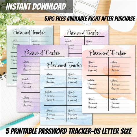 Printable Watercolor Password Tracker Sheets Digital Download Pastel