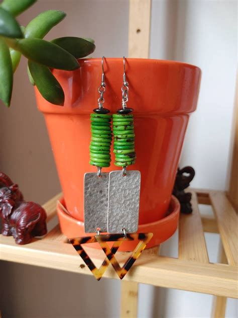 Green And Tortoise Grounding Triangle Earrings Funky Long Green