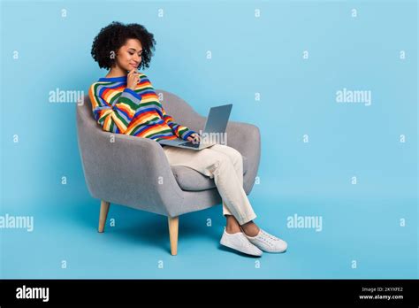 Full Length Photo Of Smart Brunette Young Lady Sit Work Laptop Wear