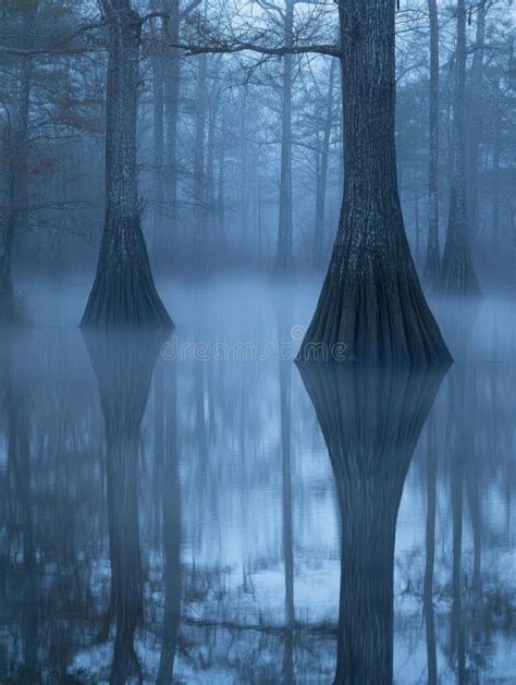 Serene Cypress Trees Misty Swamp Reflections Nature Photography Fog Art
