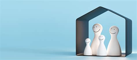 파란색 배경에 집과 가족 인물 보험 노숙자 지원 입양 개념 집을 사거나 짓는다 새로운 재산 모기지 부동산 판매를위한 집 복사