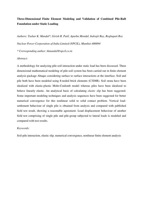 Pdf Three Dimensional Finite Element Modeling And Validation Of Combined Pile Raft Foundation