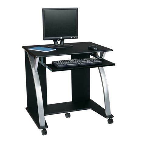 Black Silver Rolling Computer Desk Cart With Pull Out Keyboard Tray
