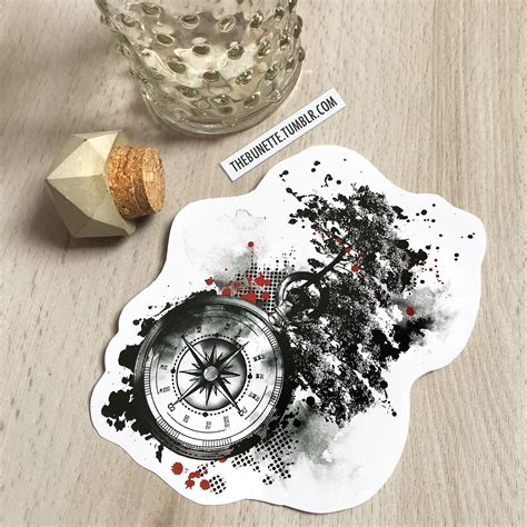 Compass Trash Polka Forest Tree Tattoo Design Illustration Abstract