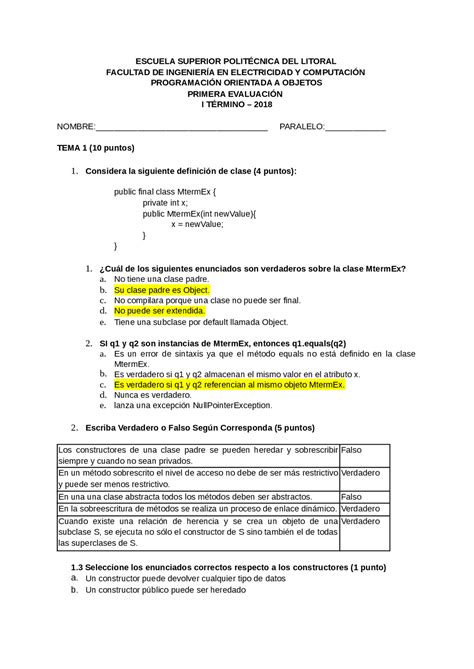 Espol Poo Examen P1 Resuelto Exámenes De Programación Orientada A Objetos Docsity