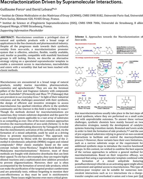 Macrolactonization Driven By Supramolecular Interactions Organic