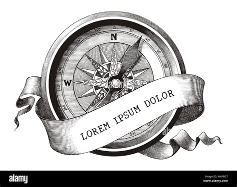 Antique Engraving Illustration Of Vintage Compass With Banner Clip Art Isolated On White