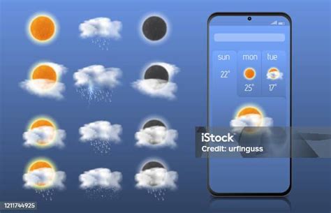 구름 태양 빗방울 번개 등으로 설정 일기 예보 아이콘 벡터 사실적인 일러스트레이션 0명에 대한 스톡 벡터 아트 및 기타 이미지 0명 가을 겨울 Istock