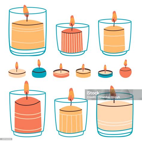 왁스 양초 유리와 물 촛불에 향기로운 손으로 그린 장식 촛불 불타는 촛불 벡터 일러스트레이션 세트 가정 생활에 대한 스톡 벡터 아트 및 기타 이미지 Istock