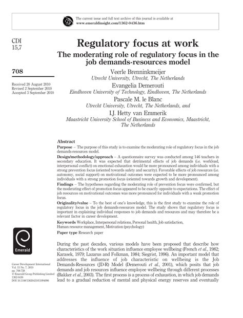 Pdf Regulatory Focus At Work The Moderating Role Of Regulatory Focus
