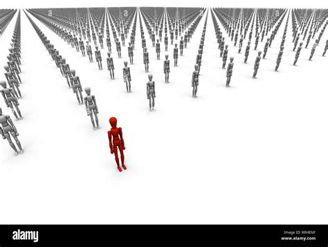 Huge Crowd Of 3d Mannequins One Red One Standing Apart From The Rest