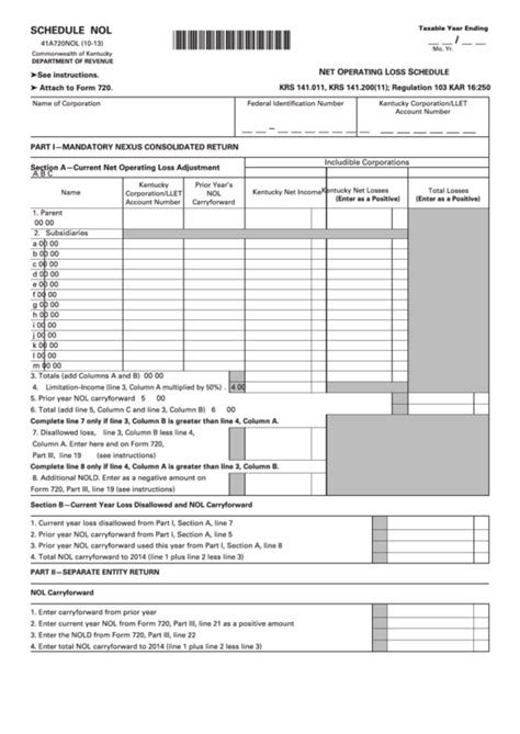 Schedule Nol Form 41a720nol Net Operating Loss Schedule Printable