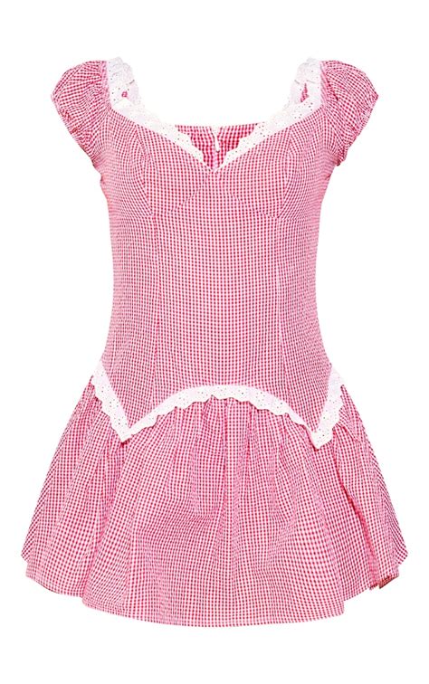 Red Gingham Print Puff Sleeve Skort Playsuit Jumpsuits And Playsuits