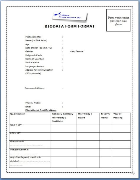 Biodata Format For Job Application Download Sample Biodata Form